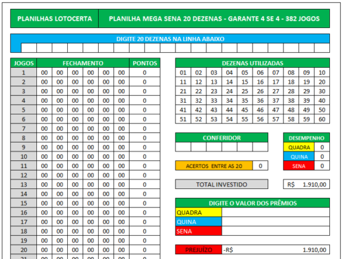 Planilha Mega Sena 20 Dezenas Lotocerta